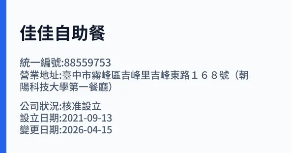 佳佳自助餐的照片-統編 88559753(臺中市) 公司登記資料與營業項目詳細圖表