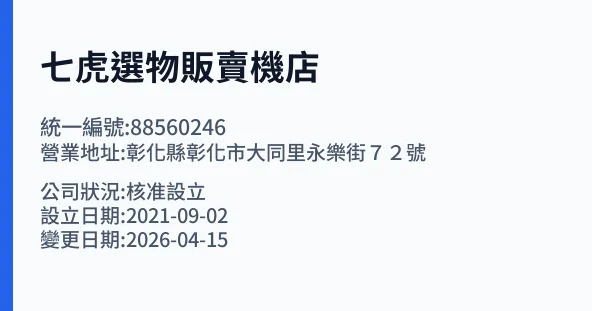 七虎選物販賣機店的照片-統編 88560246(彰化縣) 公司登記資料與營業項目詳細圖表
