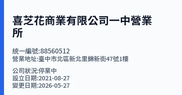 喜芝花商業有限公司一中營業所的照片-統編 88560512(臺中市) 公司登記資料與營業項目詳細圖表