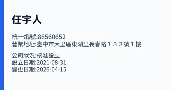 任宇人的照片-統編 88560652(臺中市) 公司登記資料與營業項目詳細圖表
