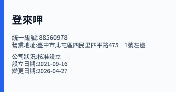 登來呷的照片-統編 88560978(臺中市) 公司登記資料與營業項目詳細圖表