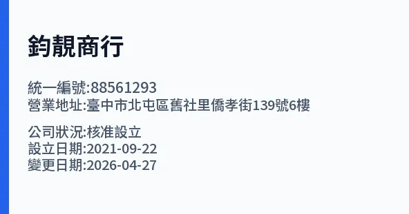 鈞靚商行的照片-統編 88561293(臺中市) 公司登記資料與營業項目詳細圖表
