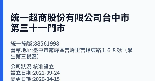 統一超商股份有限公司台中市第三十一門市的照片-統編 88561998(臺中市) 公司登記資料與營業項目詳細圖表