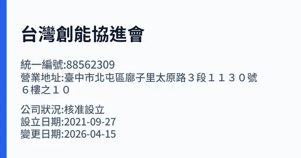 台灣創能協進會的照片-統編 88562309(臺中市) 公司登記資料與營業項目詳細圖表