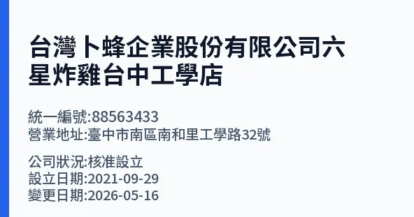 台灣卜蜂企業股份有限公司六星炸雞台中工學店的照片-統編 88563433(臺中市) 公司登記資料與營業項目詳細圖表