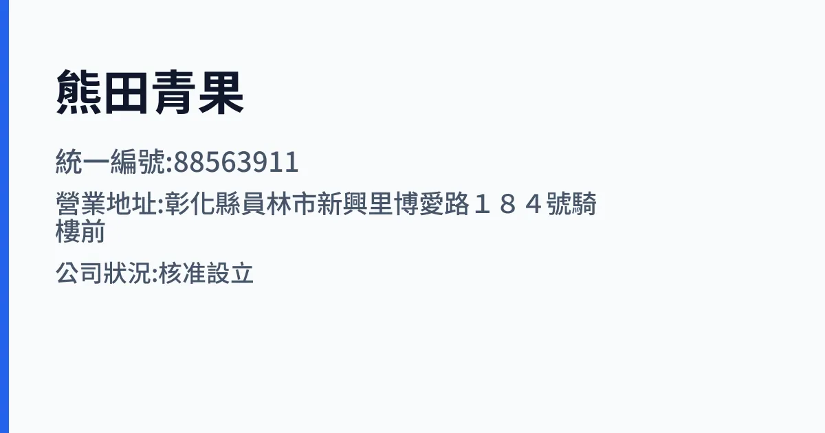 熊田青果 - 統編 88563911(彰化縣) 公司登記資料與營業項目詳細圖表