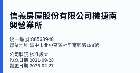 信義房屋股份有限公司機捷南興營業所的照片-統編 88563948(臺中市) 公司登記資料與營業項目詳細圖表