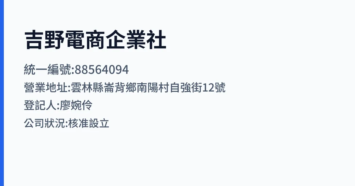 吉野電商企業社 - 統編 88564094(雲林縣) 公司登記資料與營業項目詳細圖表