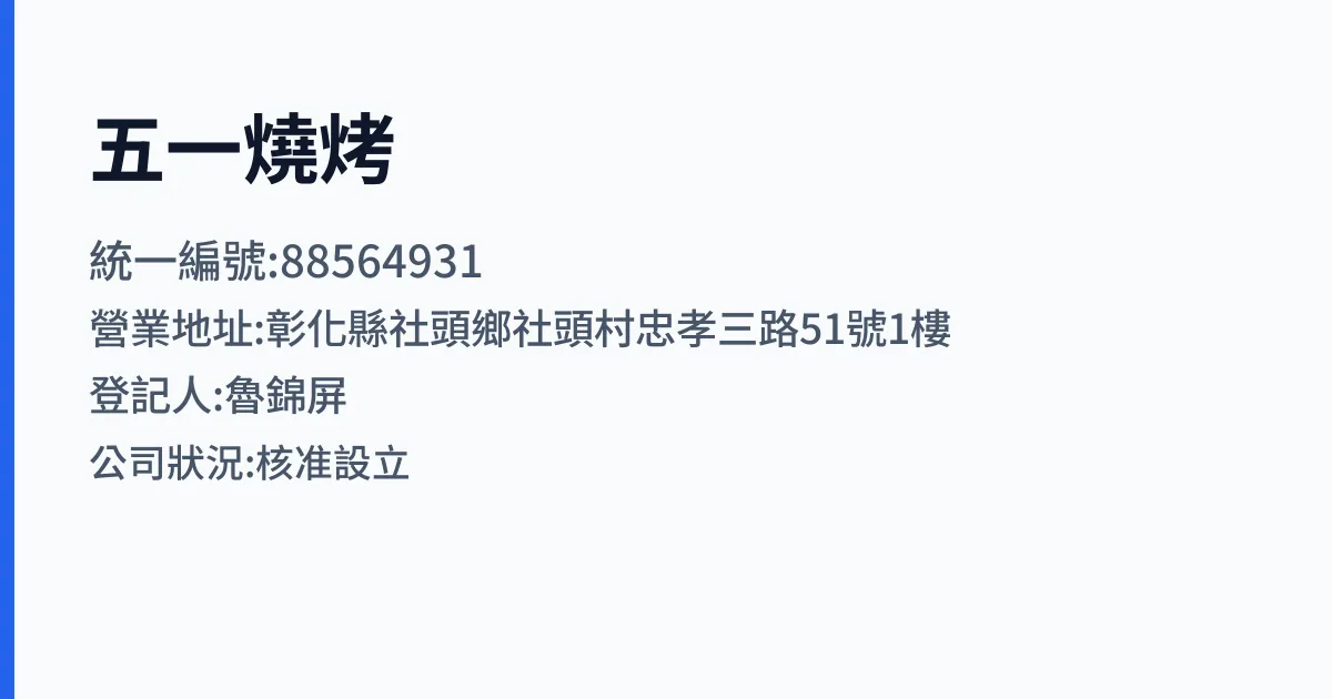 五一燒烤 - 統編 88564931(彰化縣) 公司登記資料與營業項目詳細圖表