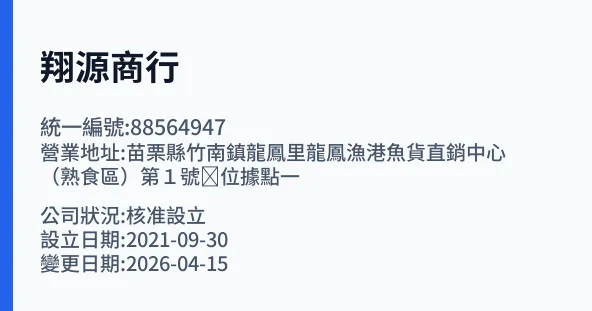 翔源商行的照片-統編 88564947(苗栗縣) 公司登記資料與營業項目詳細圖表