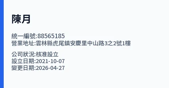 陳月的照片-統編 88565185(雲林縣) 公司登記資料與營業項目詳細圖表