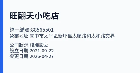 旺翻天小吃店的照片-統編 88565501(臺中市) 公司登記資料與營業項目詳細圖表
