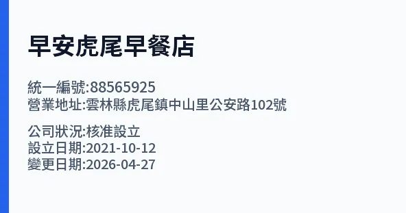 早安虎尾早餐店的照片-統編 88565925(雲林縣) 公司登記資料與營業項目詳細圖表