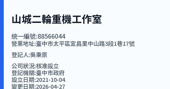 山城二輪重機工作室的照片-統編 88566044(臺中市) 公司登記資料與營業項目詳細圖表
