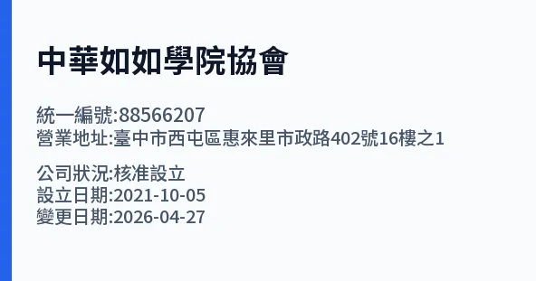 中華如如學院協會的照片-統編 88566207(臺中市) 公司登記資料與營業項目詳細圖表