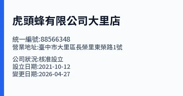 虎頭蜂有限公司大里店的照片-統編 88566348(臺中市) 公司登記資料與營業項目詳細圖表