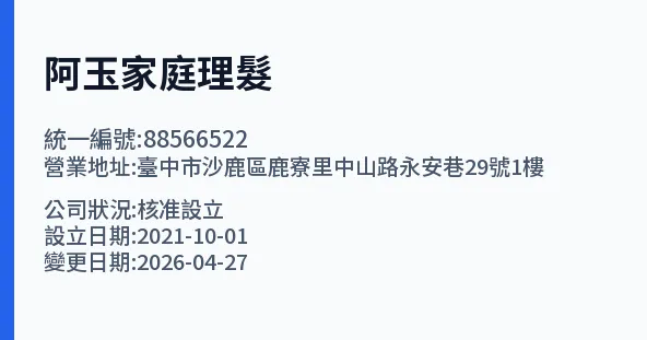 阿玉家庭理髮的照片-統編 88566522(臺中市) 公司登記資料與營業項目詳細圖表
