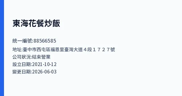 東海花餐炒飯的照片-統編 88566585(臺中市) 公司登記資料與營業項目詳細圖表