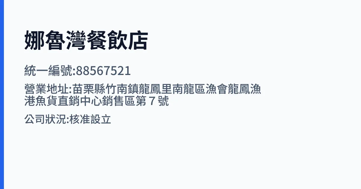 娜魯灣餐飲店 - 統編 88567521(苗栗縣) 公司登記資料與營業項目詳細圖表