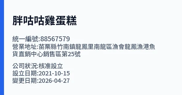 胖咕咕雞蛋糕的照片-統編 88567579(苗栗縣) 公司登記資料與營業項目詳細圖表