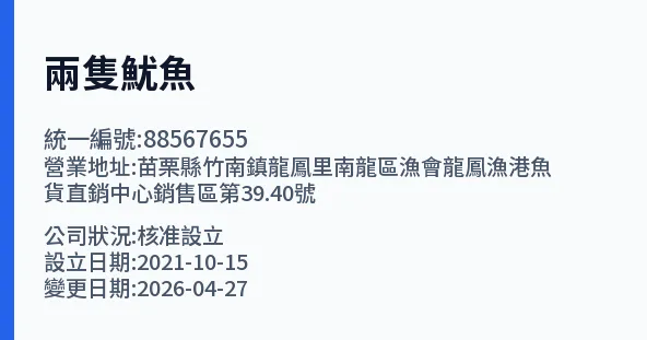 兩隻魷魚的照片-統編 88567655(苗栗縣) 公司登記資料與營業項目詳細圖表