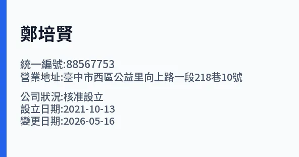 鄭培賢的照片-統編 88567753(臺中市) 公司登記資料與營業項目詳細圖表