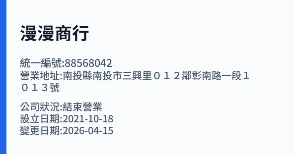 漫漫商行的照片-統編 88568042(南投縣) 公司登記資料與營業項目詳細圖表