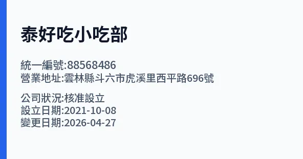 泰好吃小吃部的照片-統編 88568486(雲林縣) 公司登記資料與營業項目詳細圖表