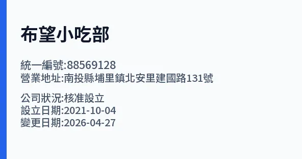 布望小吃部的照片-統編 88569128(南投縣) 公司登記資料與營業項目詳細圖表
