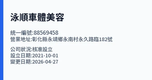 泳順車體美容的照片-統編 88569458(彰化縣) 公司登記資料與營業項目詳細圖表