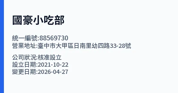 國豪小吃部的照片-統編 88569730(臺中市) 公司登記資料與營業項目詳細圖表