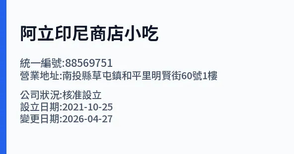 阿立印尼商店小吃的照片-統編 88569751(南投縣) 公司登記資料與營業項目詳細圖表