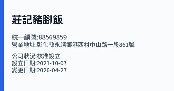 莊記豬腳飯的照片-統編 88569859(彰化縣) 公司登記資料與營業項目詳細圖表