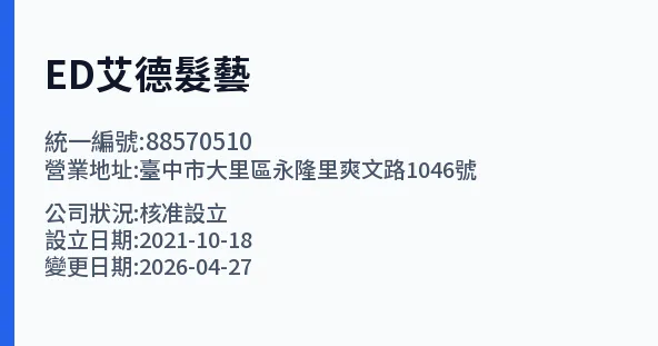 ED艾德髮藝的照片-統編 88570510(臺中市) 公司登記資料與營業項目詳細圖表