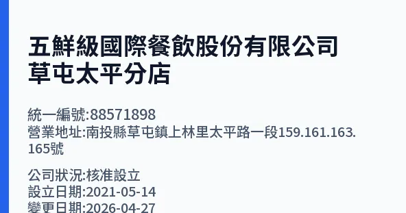 五鮮級國際餐飲股份有限公司草屯太平分店的照片-統編 88571898(南投縣) 公司登記資料與營業項目詳細圖表