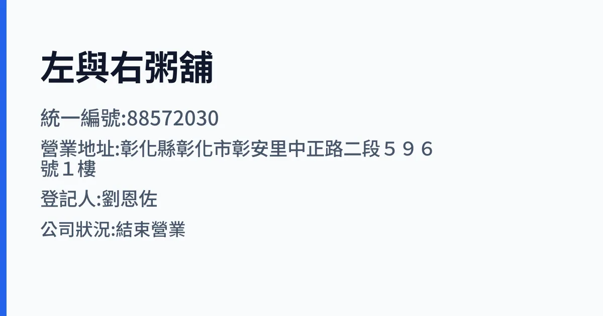 左與右粥舖 - 統編 88572030(彰化縣) 公司登記資料與營業項目詳細圖表