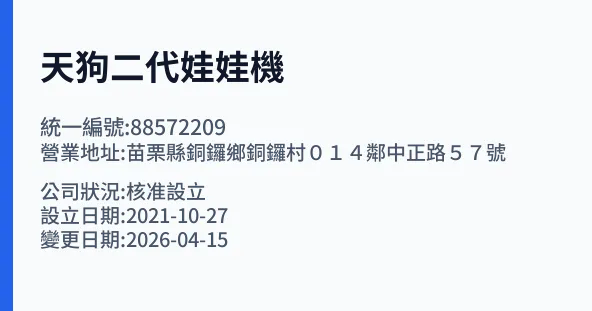 天狗二代娃娃機的照片-統編 88572209(苗栗縣) 公司登記資料與營業項目詳細圖表