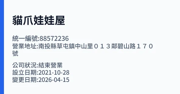 貓爪娃娃屋的照片-統編 88572236(南投縣) 公司登記資料與營業項目詳細圖表