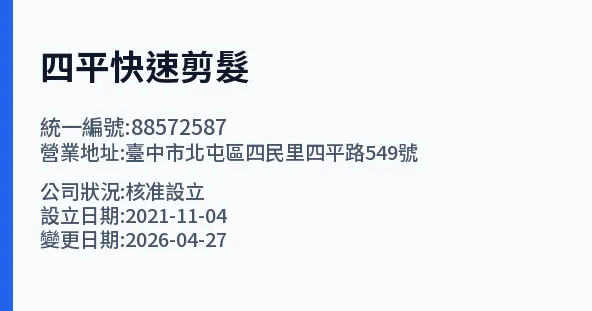 四平快速剪髮的照片-統編 88572587(臺中市) 公司登記資料與營業項目詳細圖表