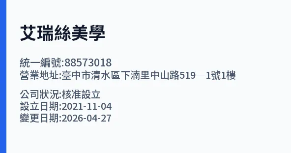 艾瑞絲美學的照片-統編 88573018(臺中市) 公司登記資料與營業項目詳細圖表