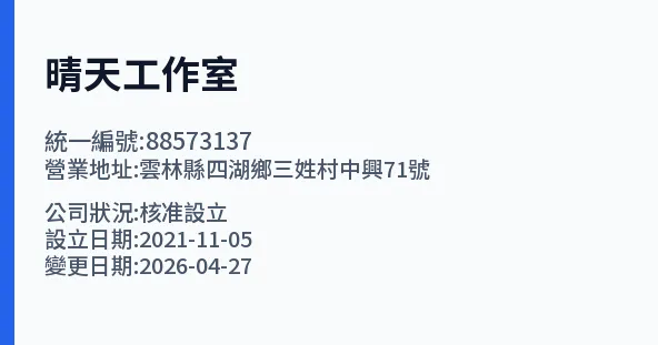 晴天工作室的照片-統編 88573137(雲林縣) 公司登記資料與營業項目詳細圖表