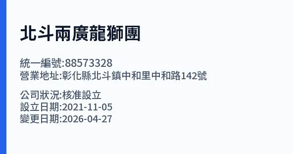 北斗兩廣龍獅團的照片-統編 88573328(彰化縣) 公司登記資料與營業項目詳細圖表