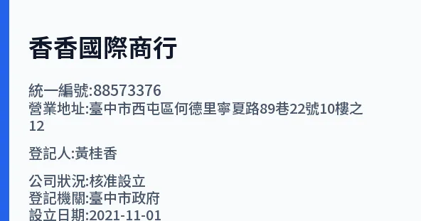 香香國際商行的照片-統編 88573376(臺中市) 公司登記資料與營業項目詳細圖表