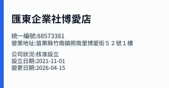 匯東企業社博愛店的照片-統編 88573381(苗栗縣) 公司登記資料與營業項目詳細圖表