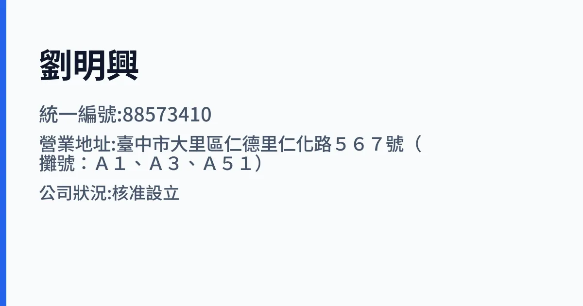 劉明興 - 統編 88573410(臺中市) 公司登記資料與營業項目詳細圖表