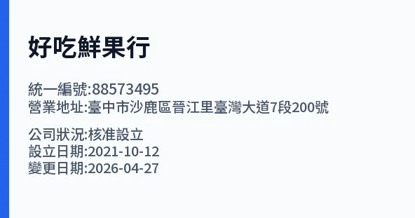 好吃鮮果行的照片-統編 88573495(臺中市) 公司登記資料與營業項目詳細圖表