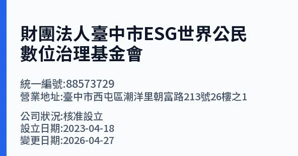 財團法人臺中市ESG世界公民數位治理基金會的照片-統編 88573729(臺中市) 公司登記資料與營業項目詳細圖表