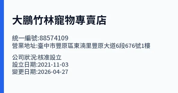 大鵬竹林寵物專賣店的照片-統編 88574109(臺中市) 公司登記資料與營業項目詳細圖表