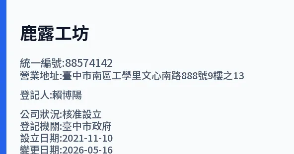 鹿露工坊的照片-統編 88574142(臺中市) 公司登記資料與營業項目詳細圖表