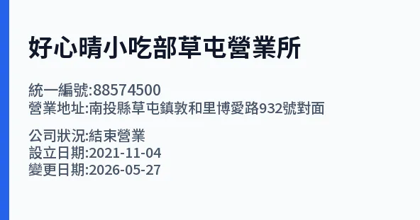 好心晴小吃部草屯營業所的照片-統編 88574500(南投縣) 公司登記資料與營業項目詳細圖表